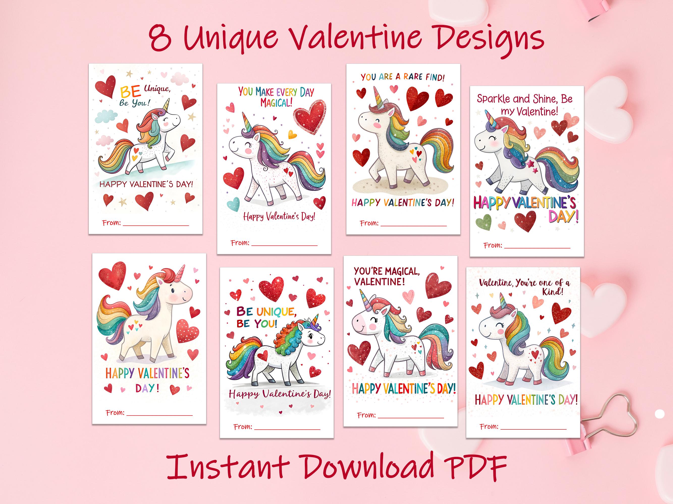 Printable Valentine Cards, Unicorn Classroom Valentine Cards, Unicorns ...