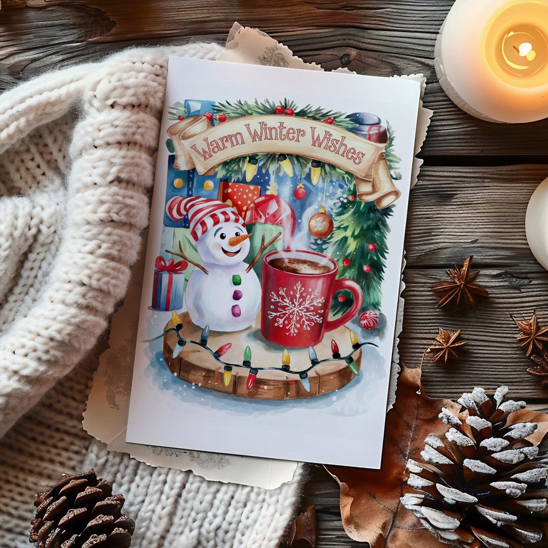 Snowman Printable Christmas Cards, Warm Winter Wishes Holiday Card, 5x7 ...