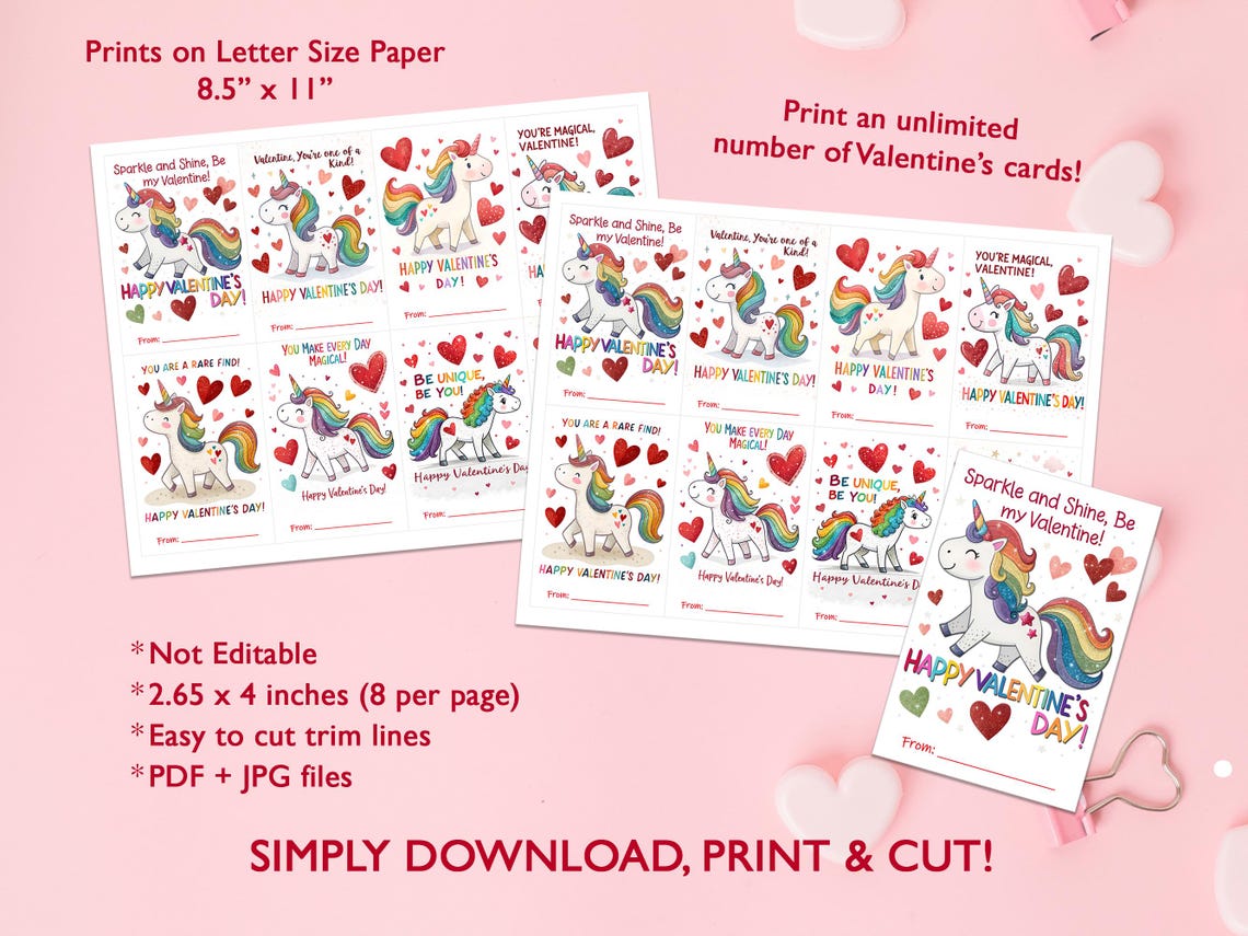 Printable Valentine Cards, Unicorn Classroom Valentine Cards, Unicorns ...