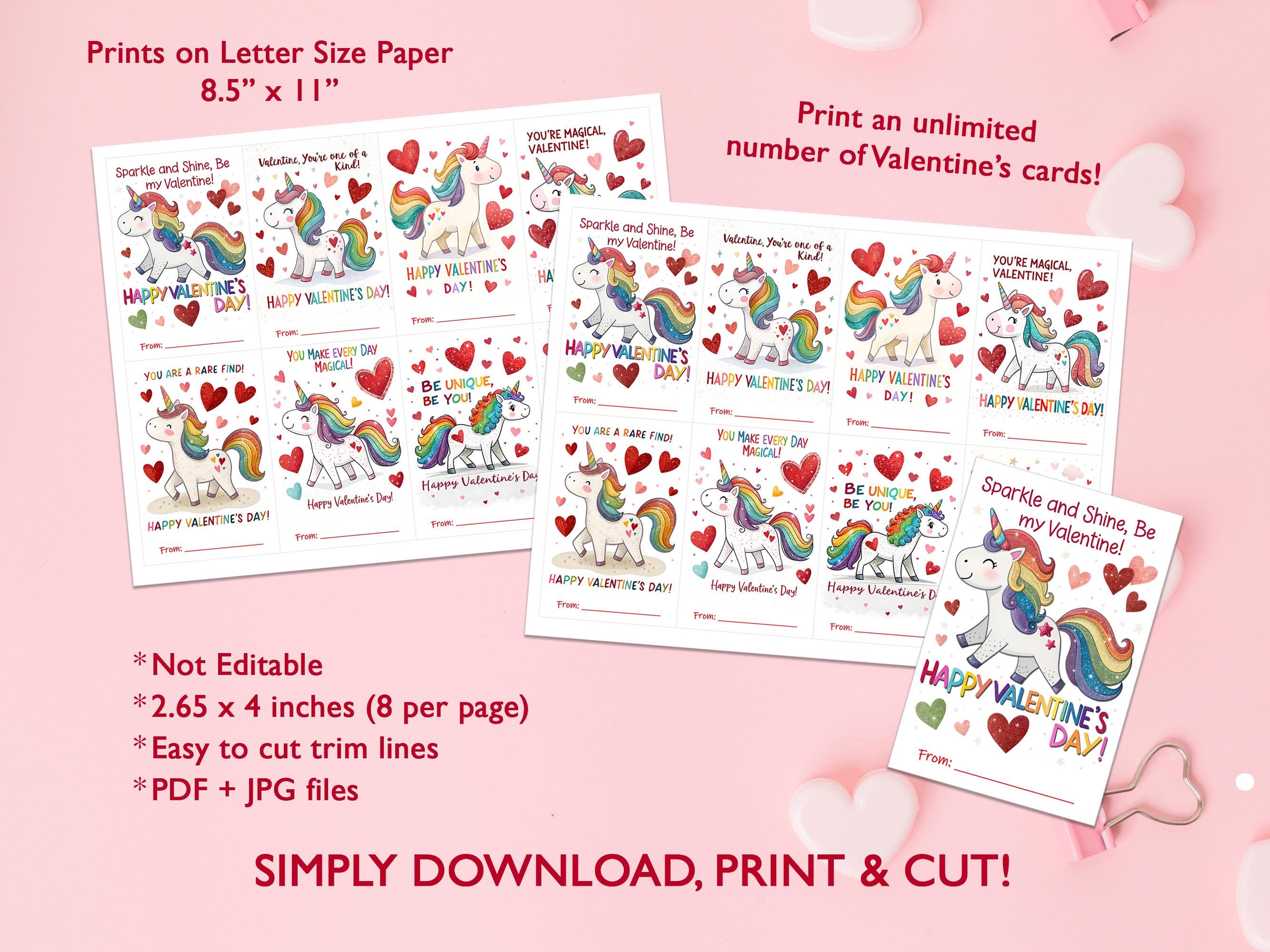 Printable Valentine Cards, Unicorn Classroom Valentine Cards, Unicorns ...