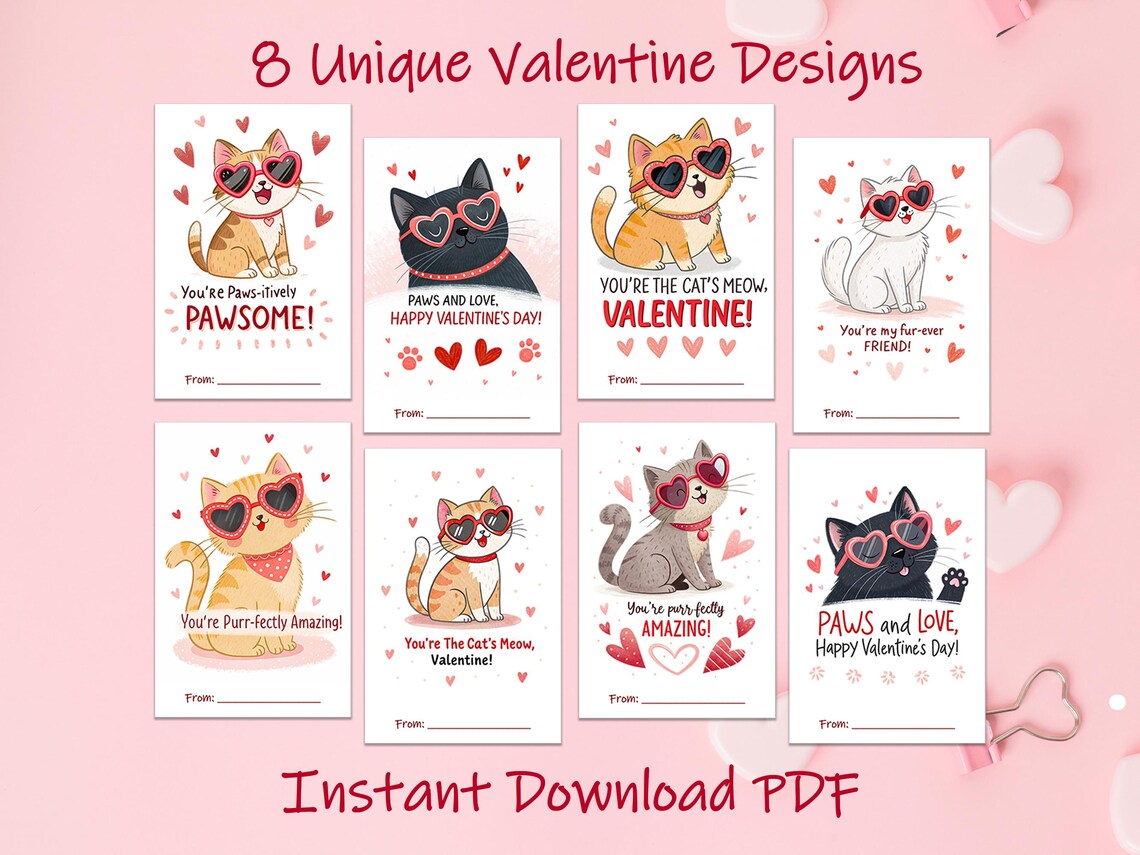 Printable Valentine Cards, Cats Classroom Valentine Cards, Cat School ...