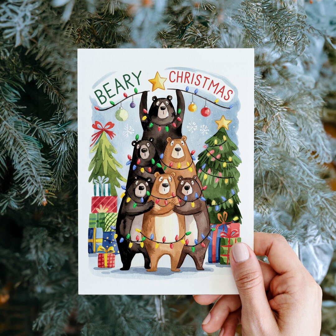 Printable Christmas Cards, Bear Christmas Card, 5x7 Printable Holiday ...