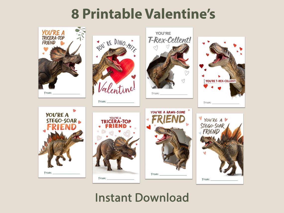 Printable Dinosaur Valentines | Kids Classroom Exchange Cards (PDF) - Etsy