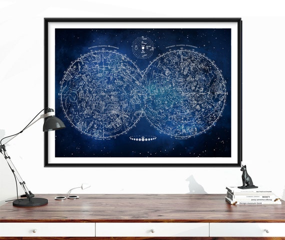 Constellations Map Poster Vintage Astronomy Both Hemispheres | Etsy