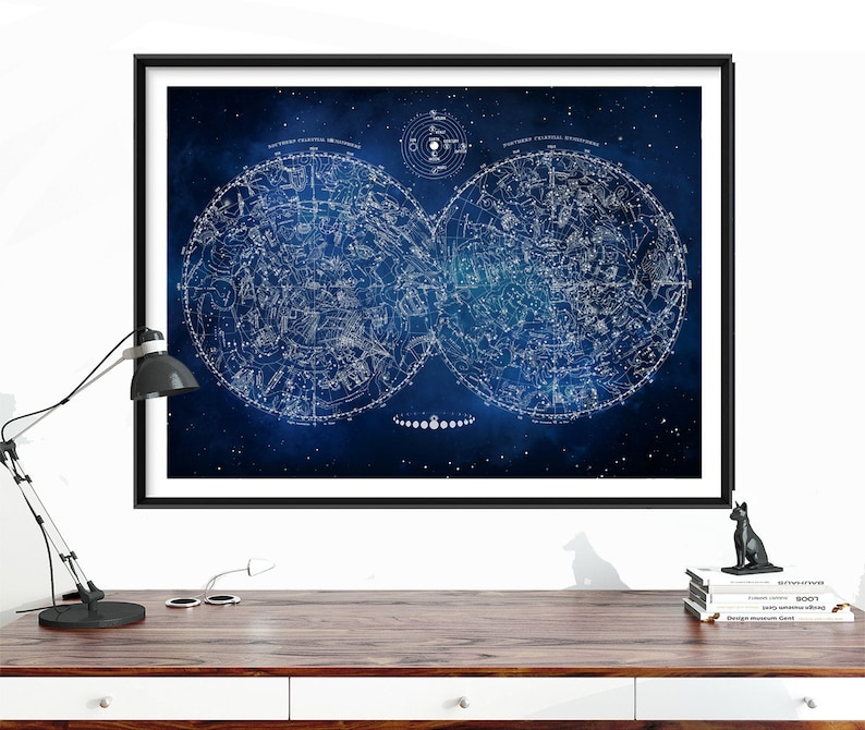 Constellations Map Poster, Vintage Astronomy Both Hemispheres, Solar ...