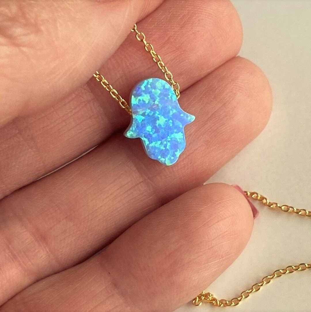 Opal Hamsa Necklace, Blue Hamsa Necklace, Hamsa Choker, Hand of Hamsa ...