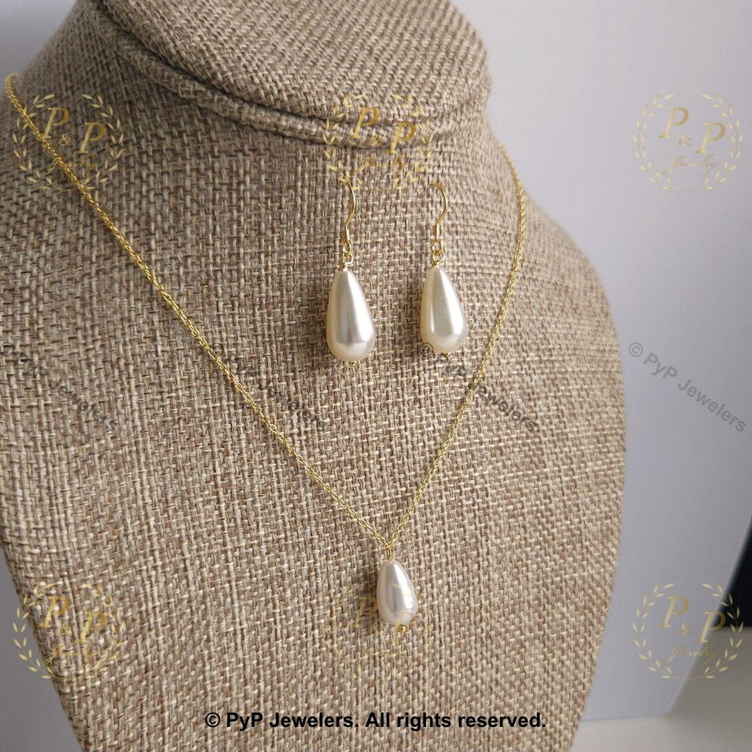 Teardrop Pearl Necklace Earrings Set, Pearl Drop Necklace Set, Wedding ...