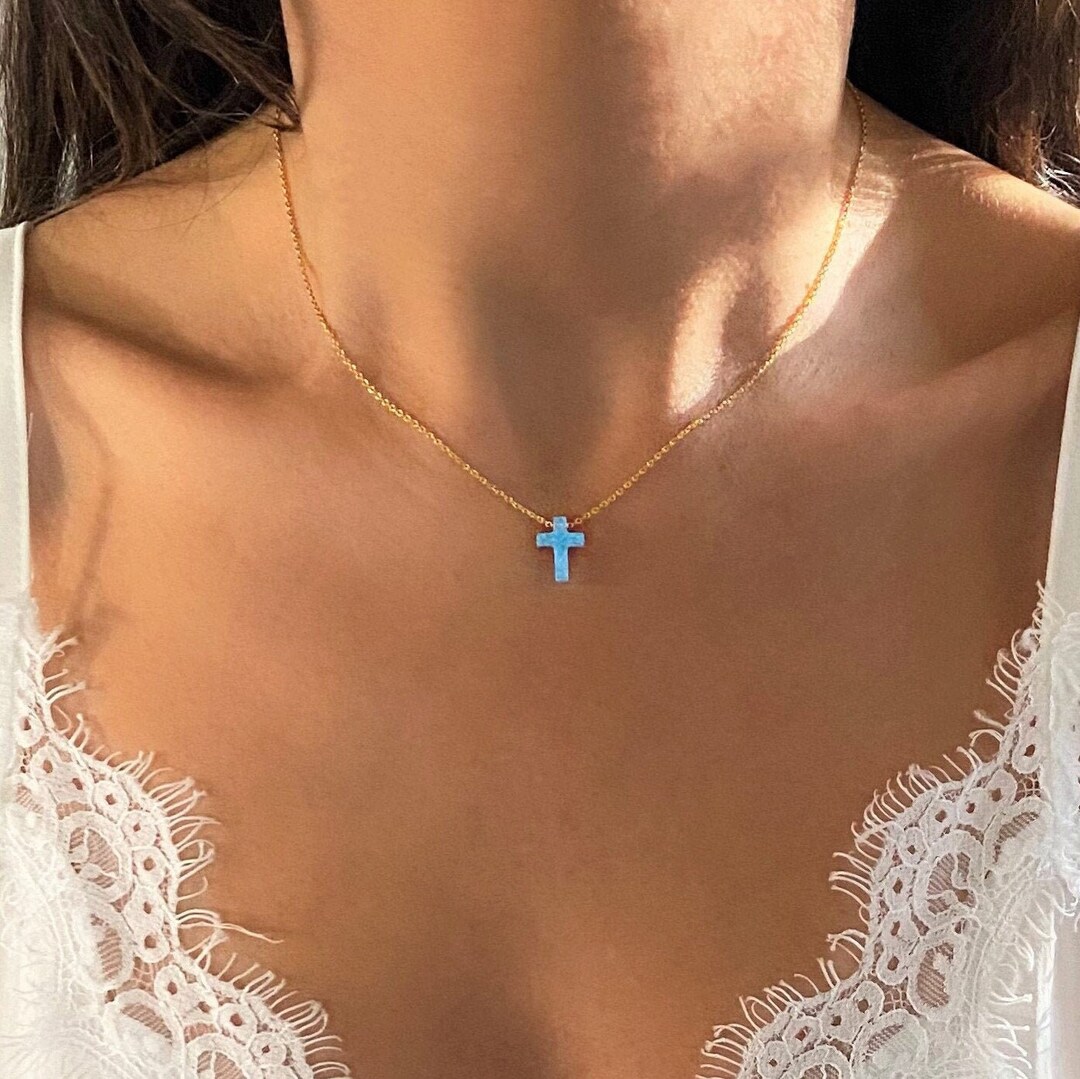 Opal Cross Necklace, White Cross Necklace, Blue Opal Cross Pendant ...