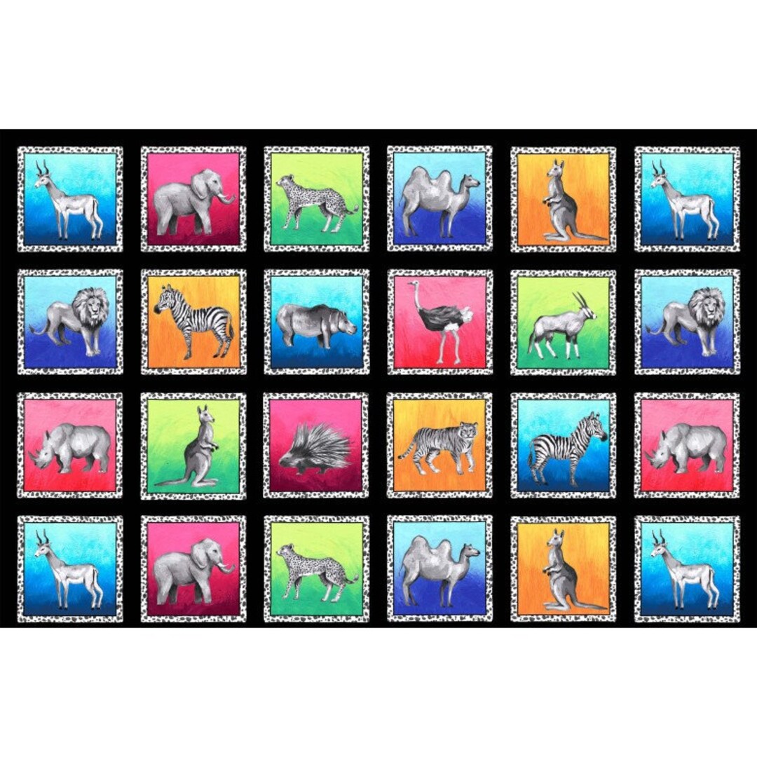 Exotic Animals Fabric - Black, White, & Bright All Over - Animal ...