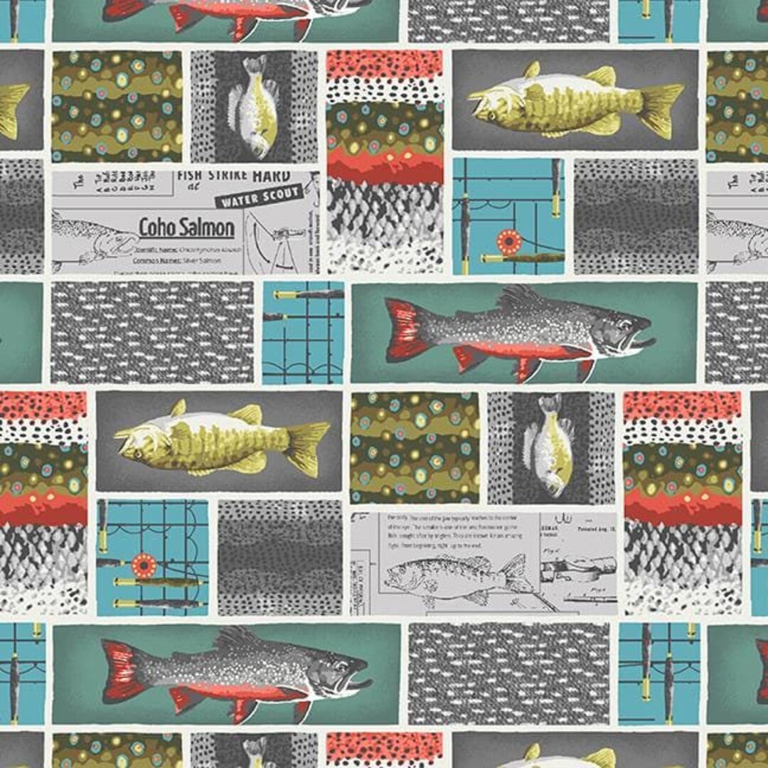 River Rythms, Studio E Fabrics -- Patch -- Fishing Fabric, Salmon Quilt ...