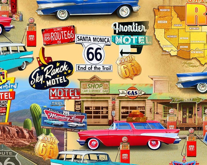Route 66 -- Route 66 Collage by Timeless Treasures, Classic Cars Fabric ...