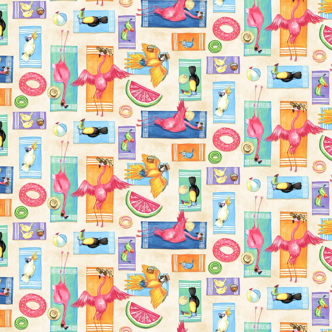 Poolside Birds Fabric, Tropical Bird Bath -- Studio E Fabrics, Summer ...