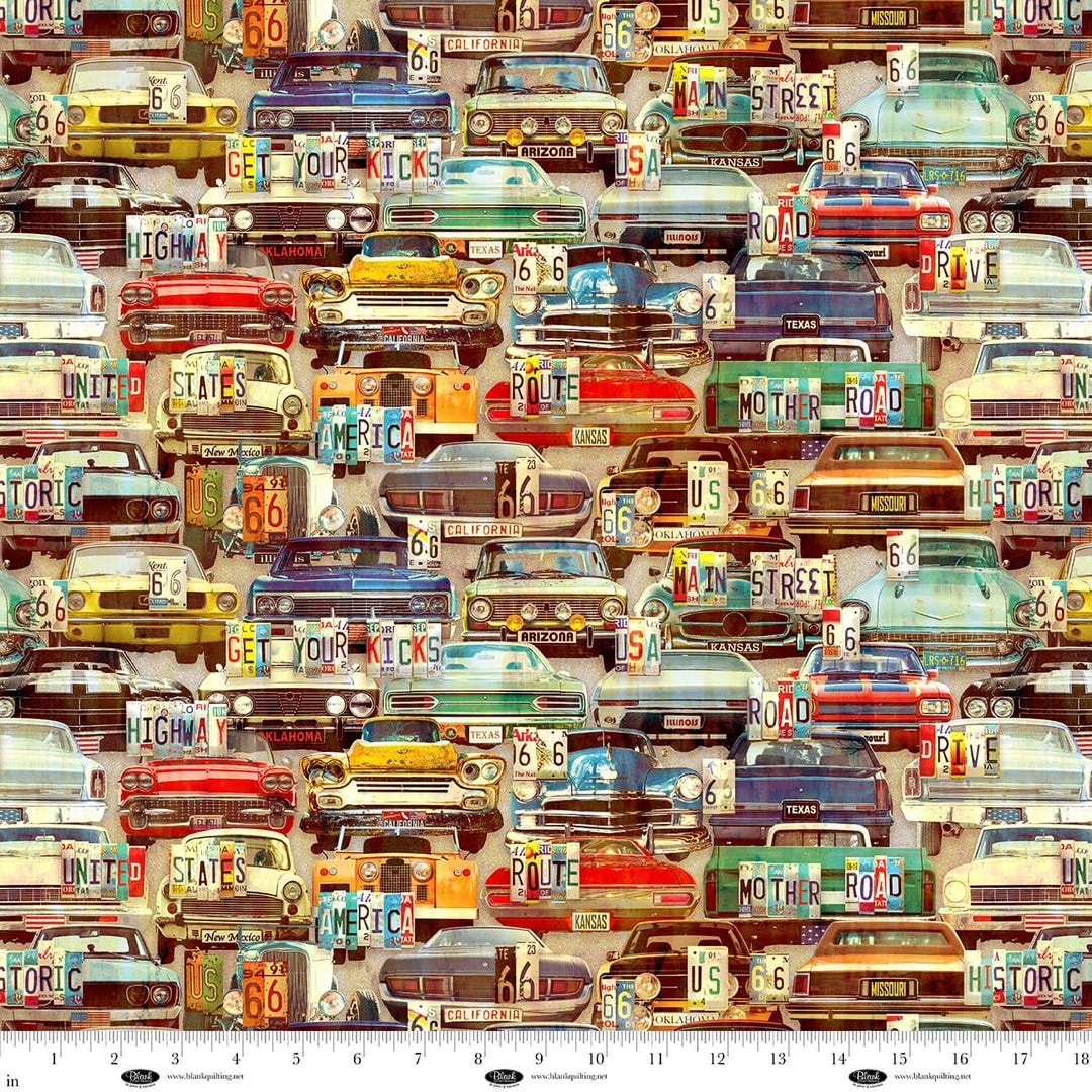 Historic Highway - Retro Cars and License Plates - Blank Quilting ...
