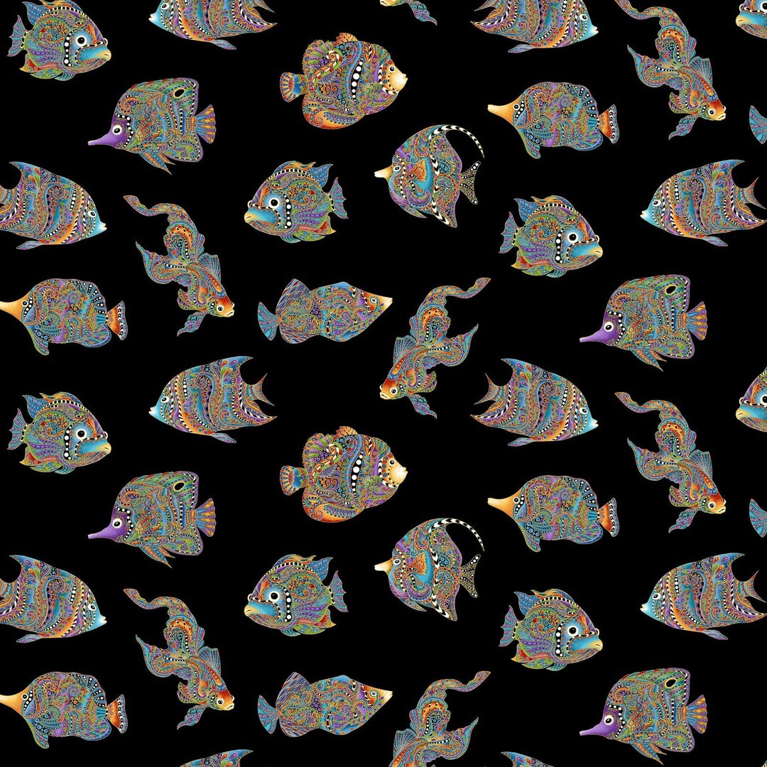 Tropical Fish Fabric, Metallic, Benartex--hooked on Fish-- Mosaic Ocean ...