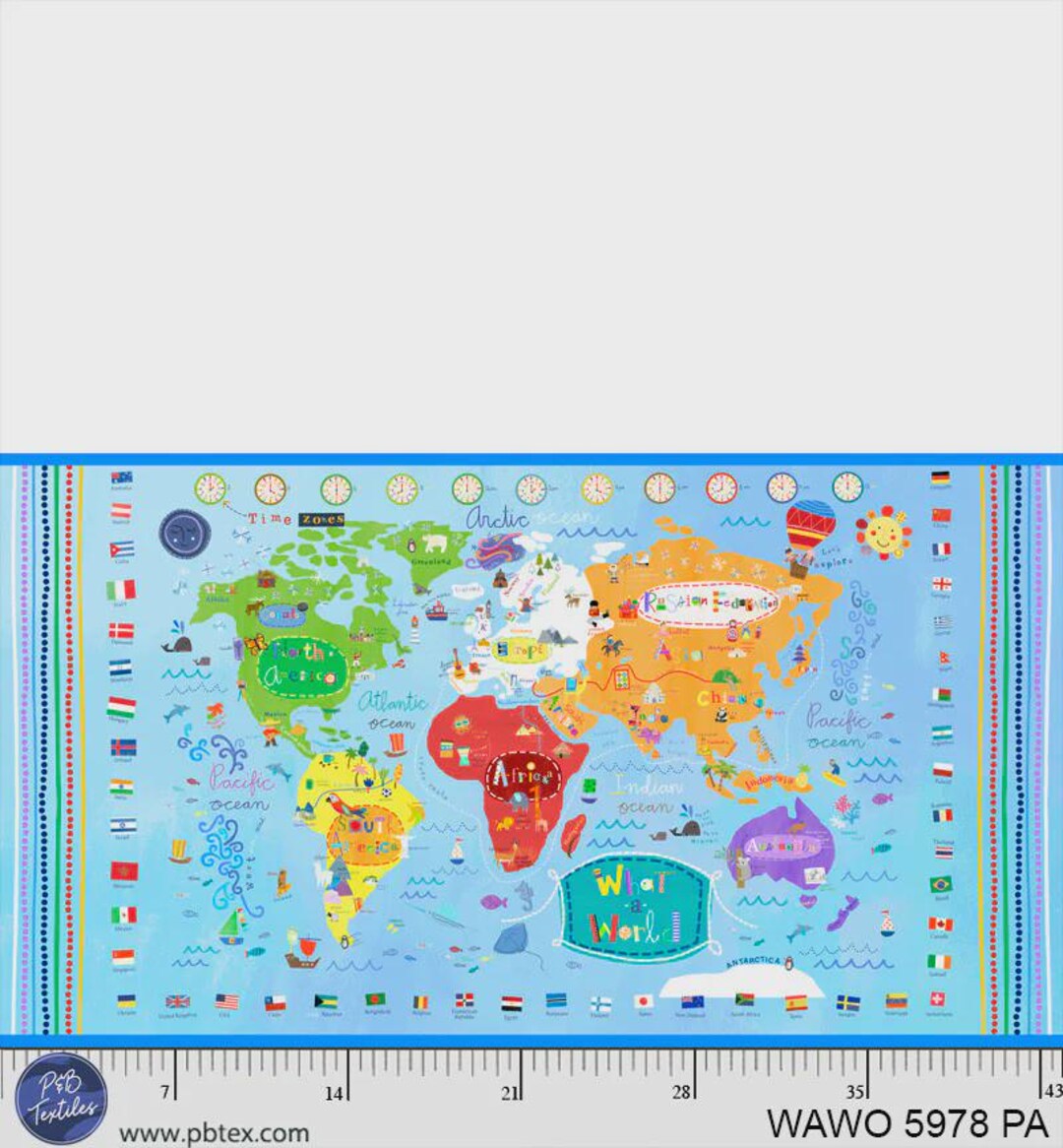 What a World - World Map Panel, P&B Textiles - Educational Fabric Panel ...