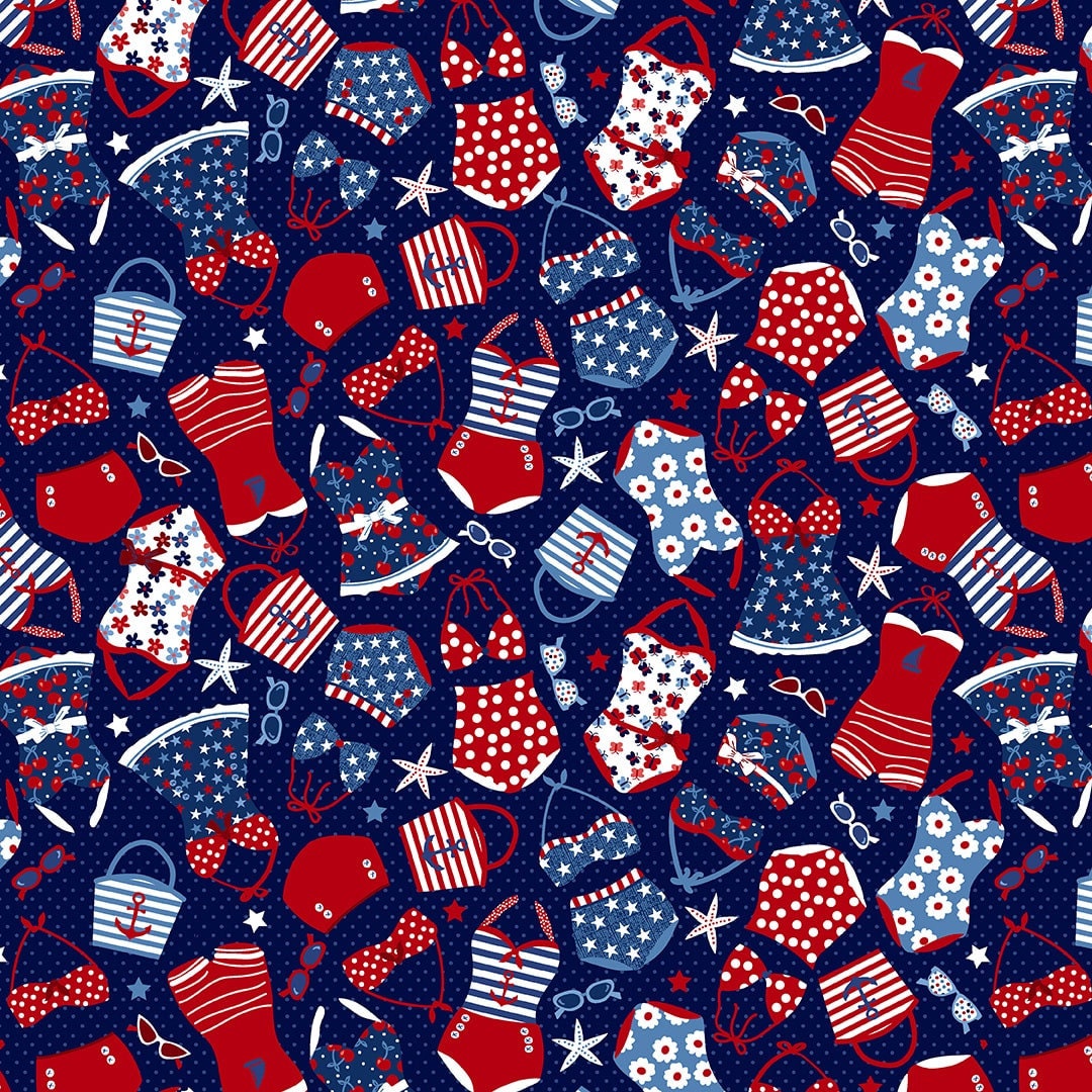 Retro Swim Suit Fabric - Star Spangled Beach - Studio E - Summer Quilt ...