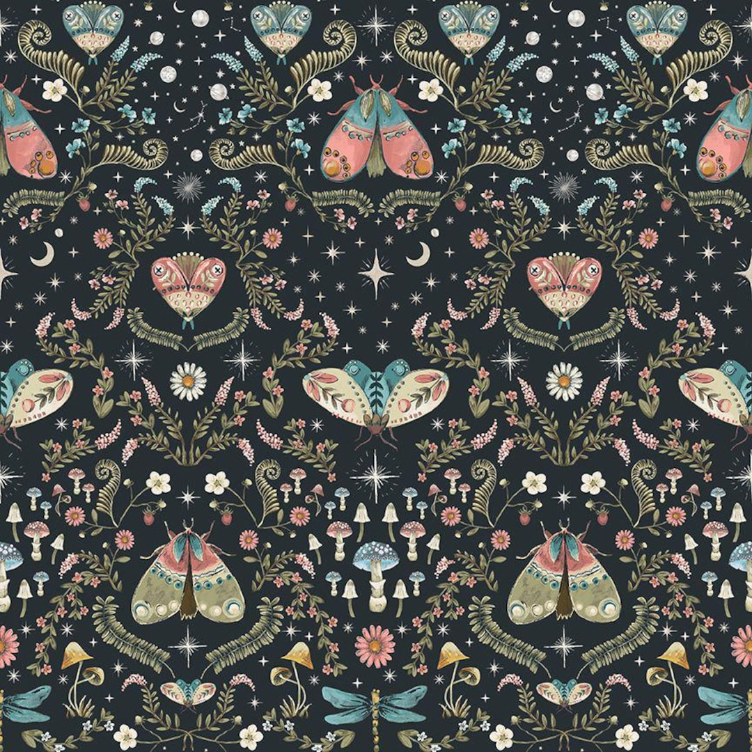 Moon Garden - Dear Stella - Moths and Floral Quilt Fabric, Night Forest ...