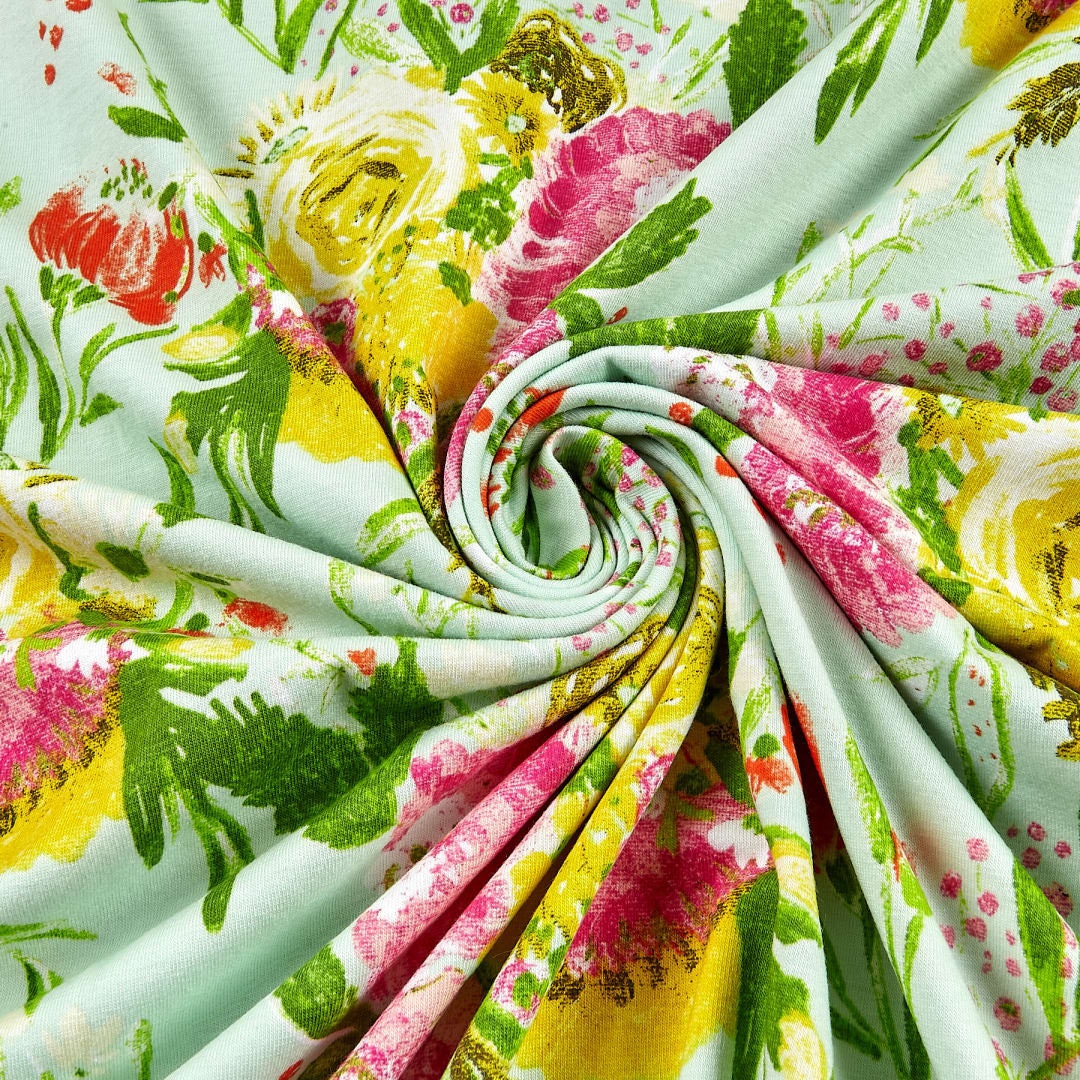 Light Blue Floral Fabric, AGF KNIT, Wild Bloom--summer Bouquet Clear ...