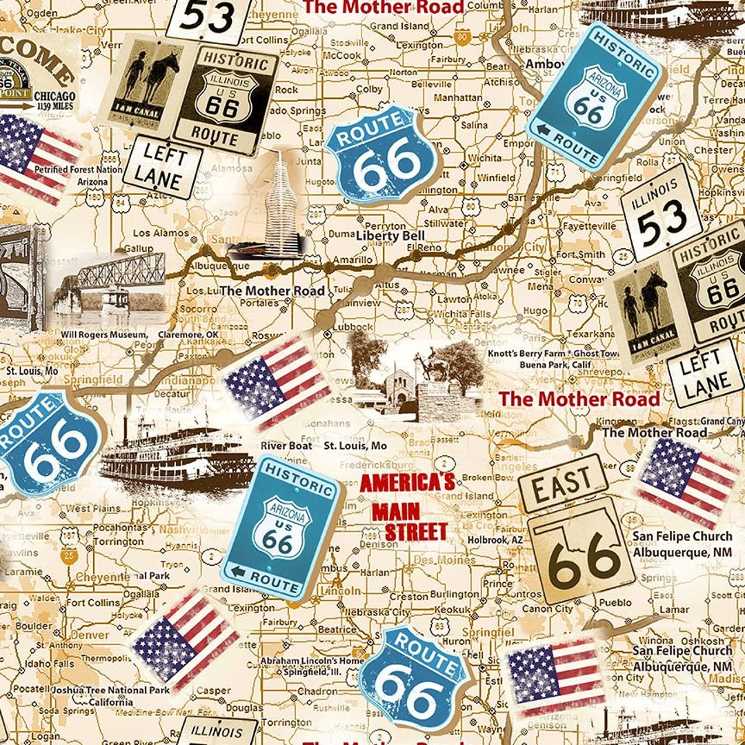 Route 66 -- Route 66 Antique Map by Timeless Treasures, Americana ...