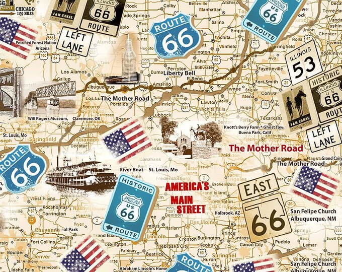 Route 66 -- Route 66 Antique Map by Timeless Treasures, Americana ...