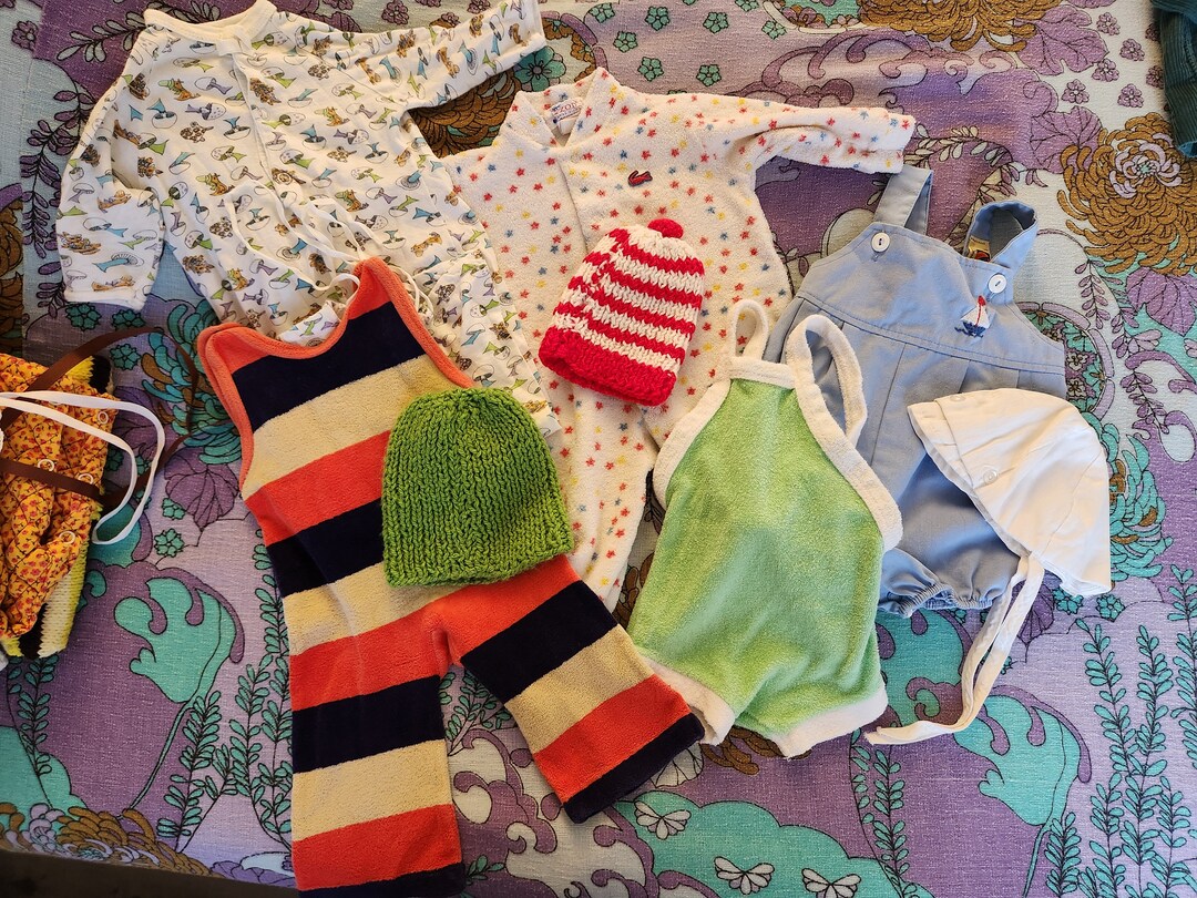 Vintage 70's Kids Baby Boy Clothing Lot Terry Cloth Romper Knit Beanies ...