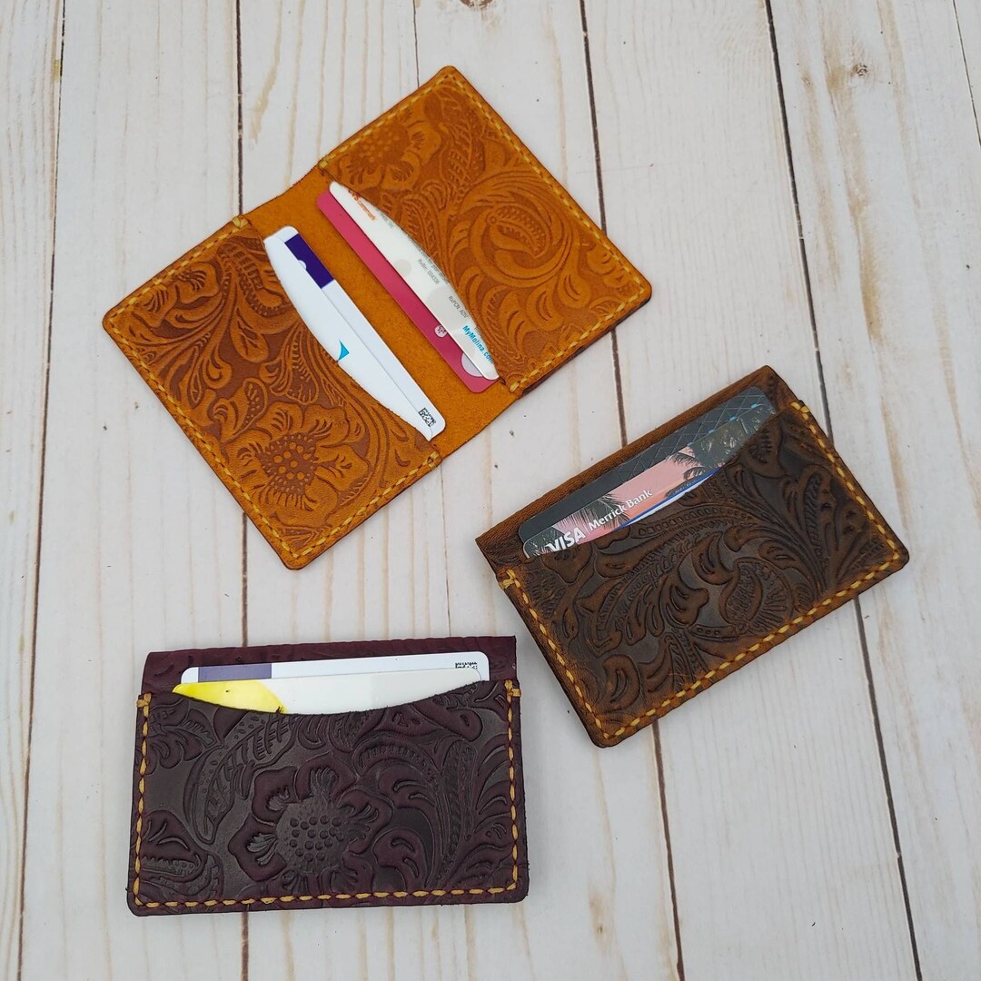 Embossed Leather Card Wallet, Minimalist Western Wallet, Hand Stitched ...