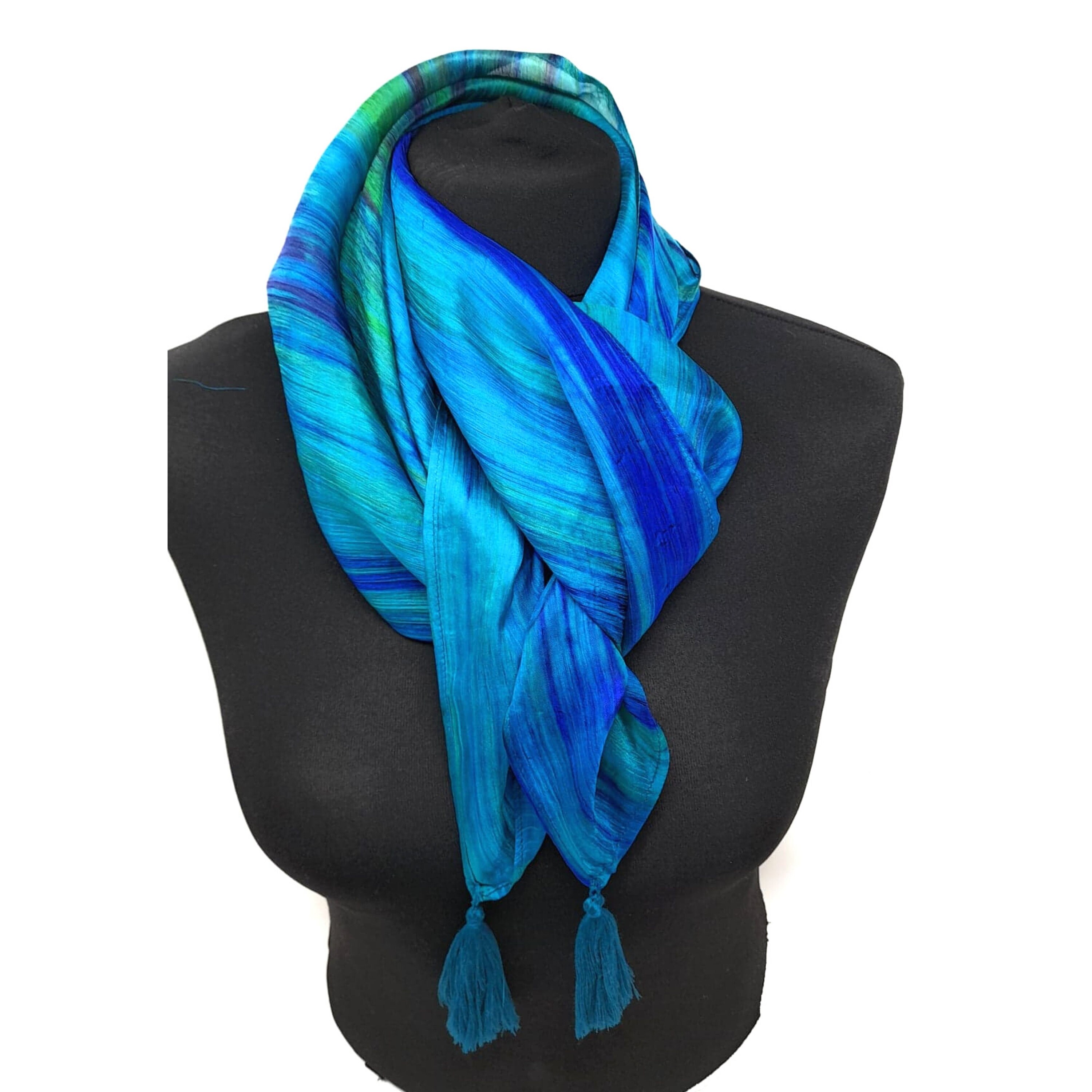100% Blue Green Silk Scarf Square Tassel Scarf Blue and Green | Etsy UK