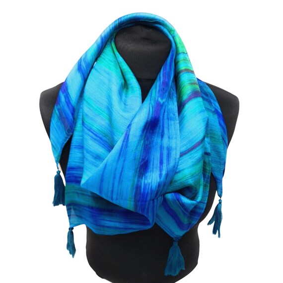 100% Blue Green Silk Scarf Square Tassel Scarf Blue and Green | Etsy UK