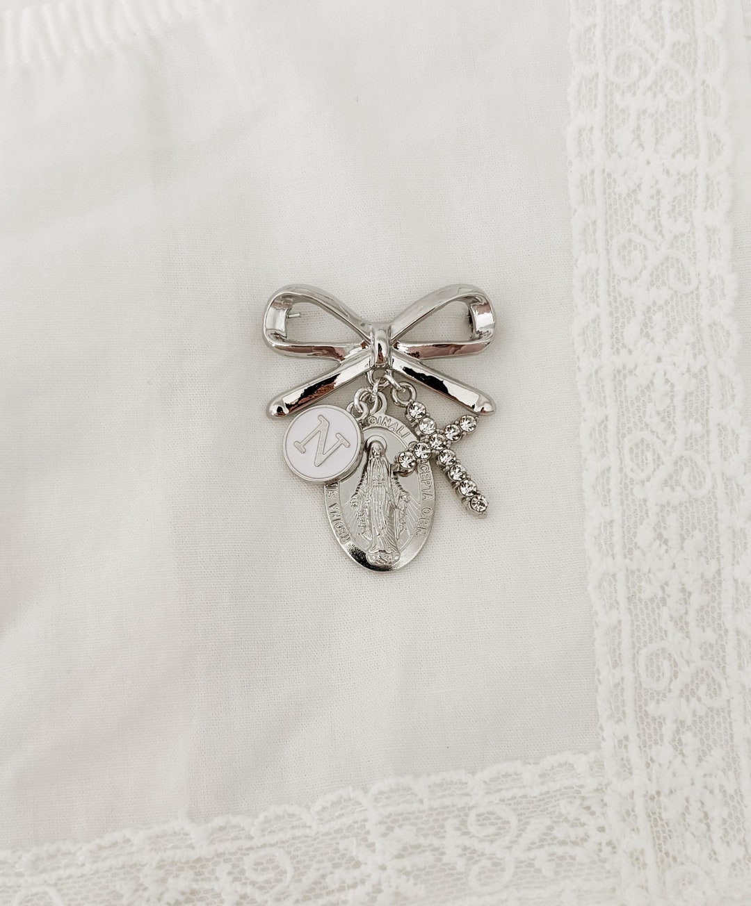 Personalized Silver Baby Keepsake Pin: Virgin Mary Charm, Christening ...