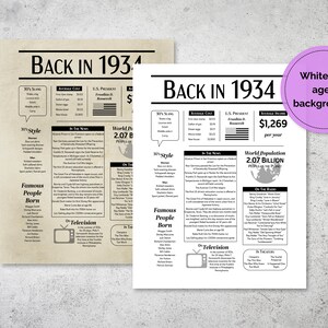Back in 1934 Printable | the Year You Were Born | Birthday Sign ...