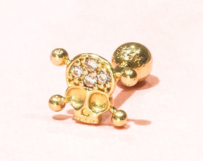 14K REAL Solid Gold Petite Skull Diamond CZ Cartilage Daith Helix ...