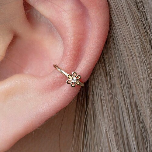 14K REAL Solid Gold Daisy Flower Diamond CZ Statement Ear Cuff | Etsy