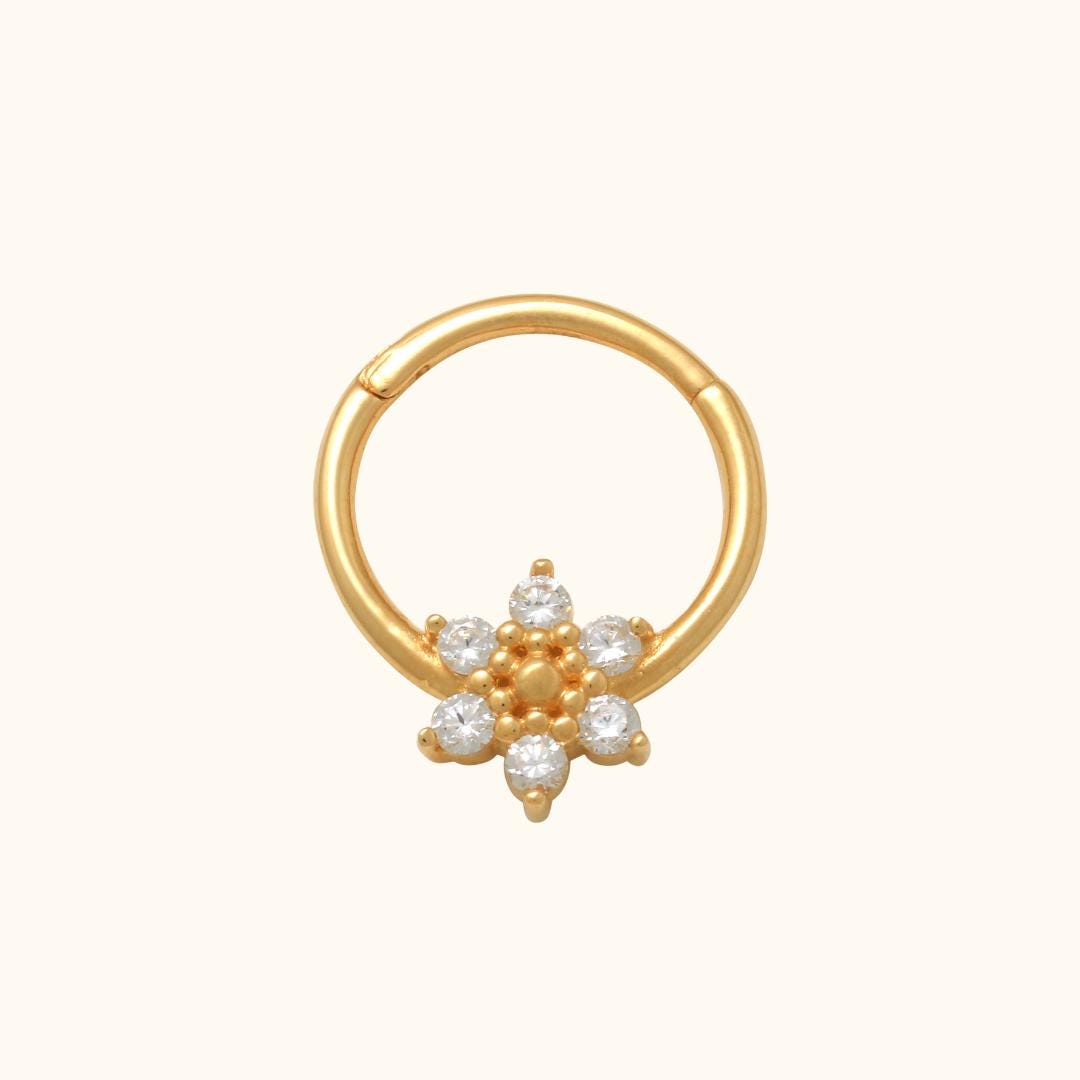 14K REAL Solid Gold Flower Septum Hoop Piercing, CZ Cartilage Daith ...
