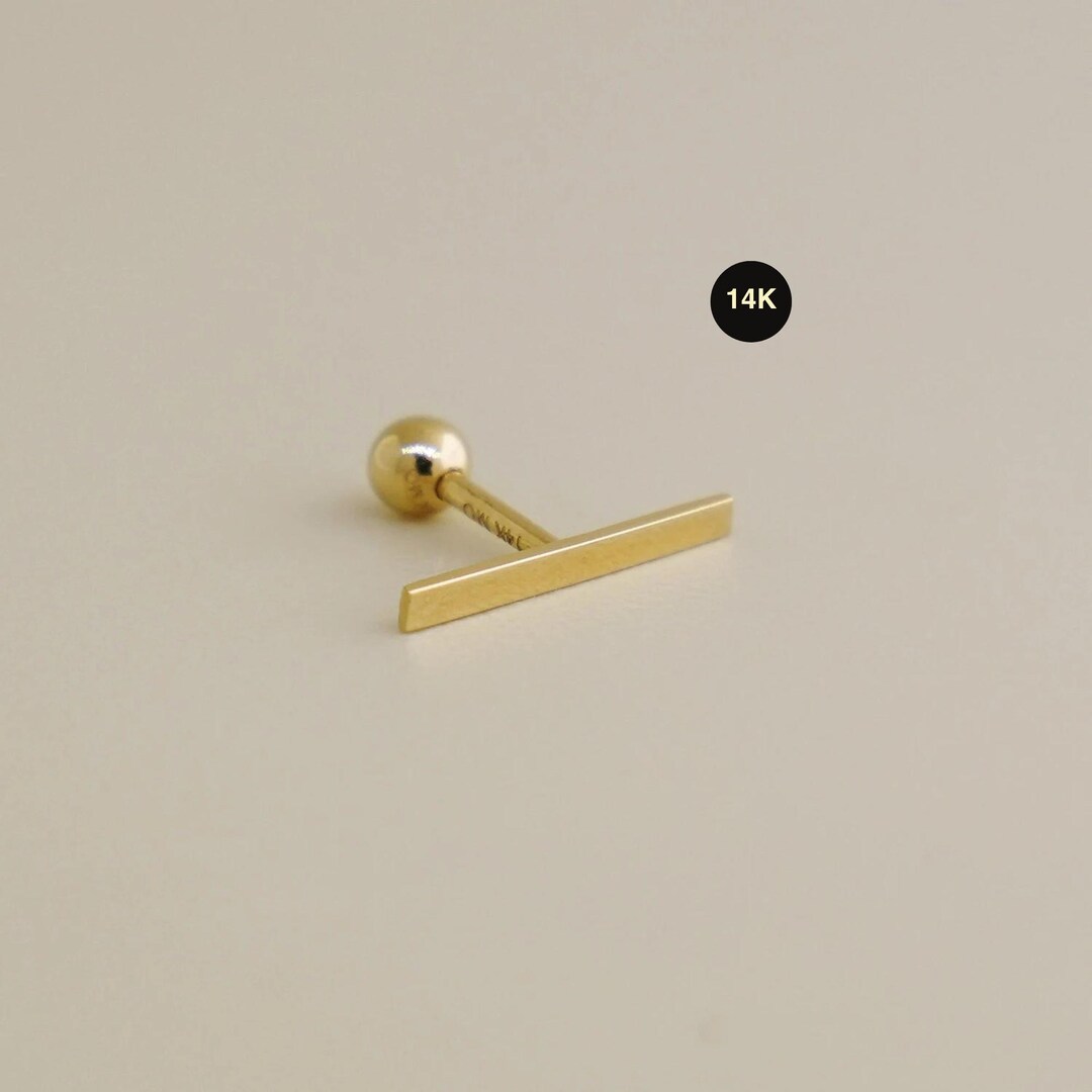 14K Solid Gold Bar Stud Earring, Minimal Straight Bar Stud, Tiny ...