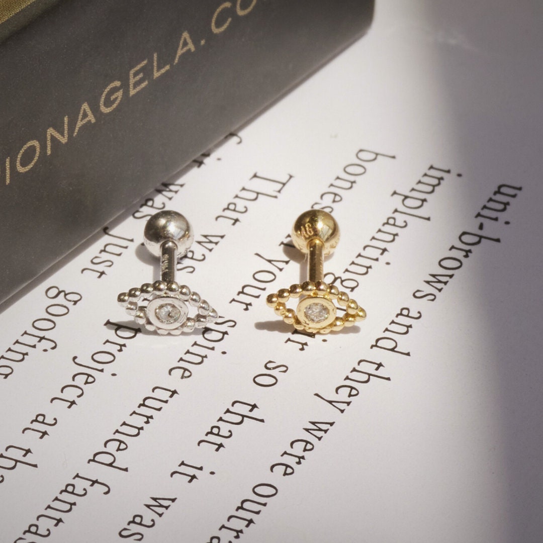 14K REAL Diamond Solid Gold Evil Eye Cartilage Daith Helix Tragus Conch ...
