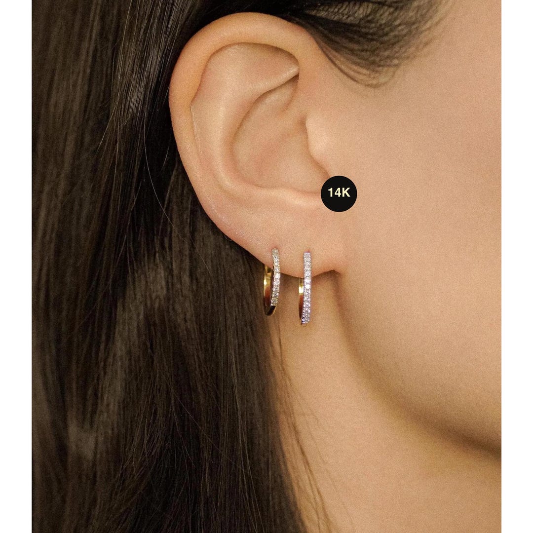14K REAL Diamond Hoop Earrings, Solid Gold Pave Natural Genuine Diamond ...