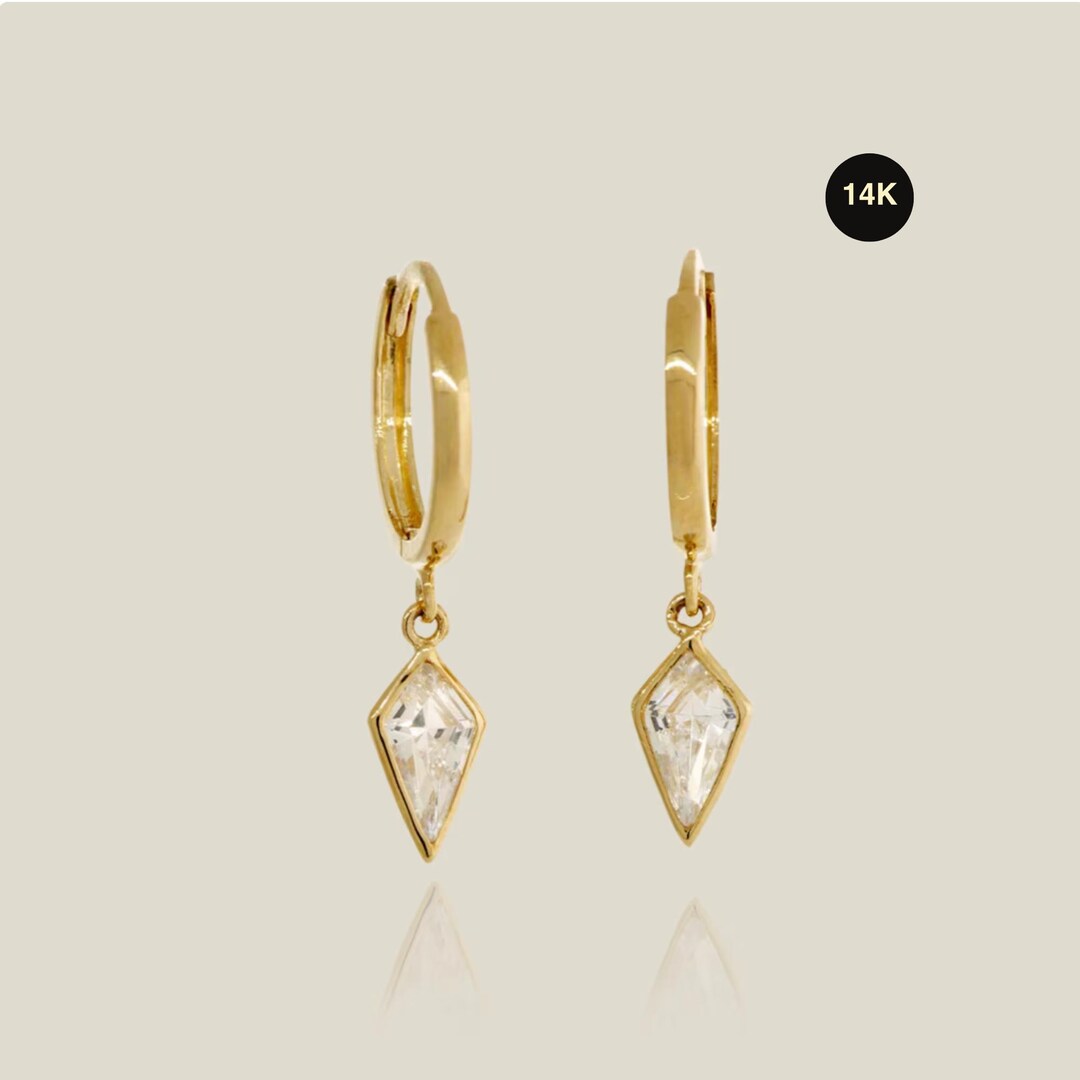 14K REAL Solid Gold Diamond Shaped Kite Bezel Geometric Charm CZ Drop Huggies Earring, Cartilage ...