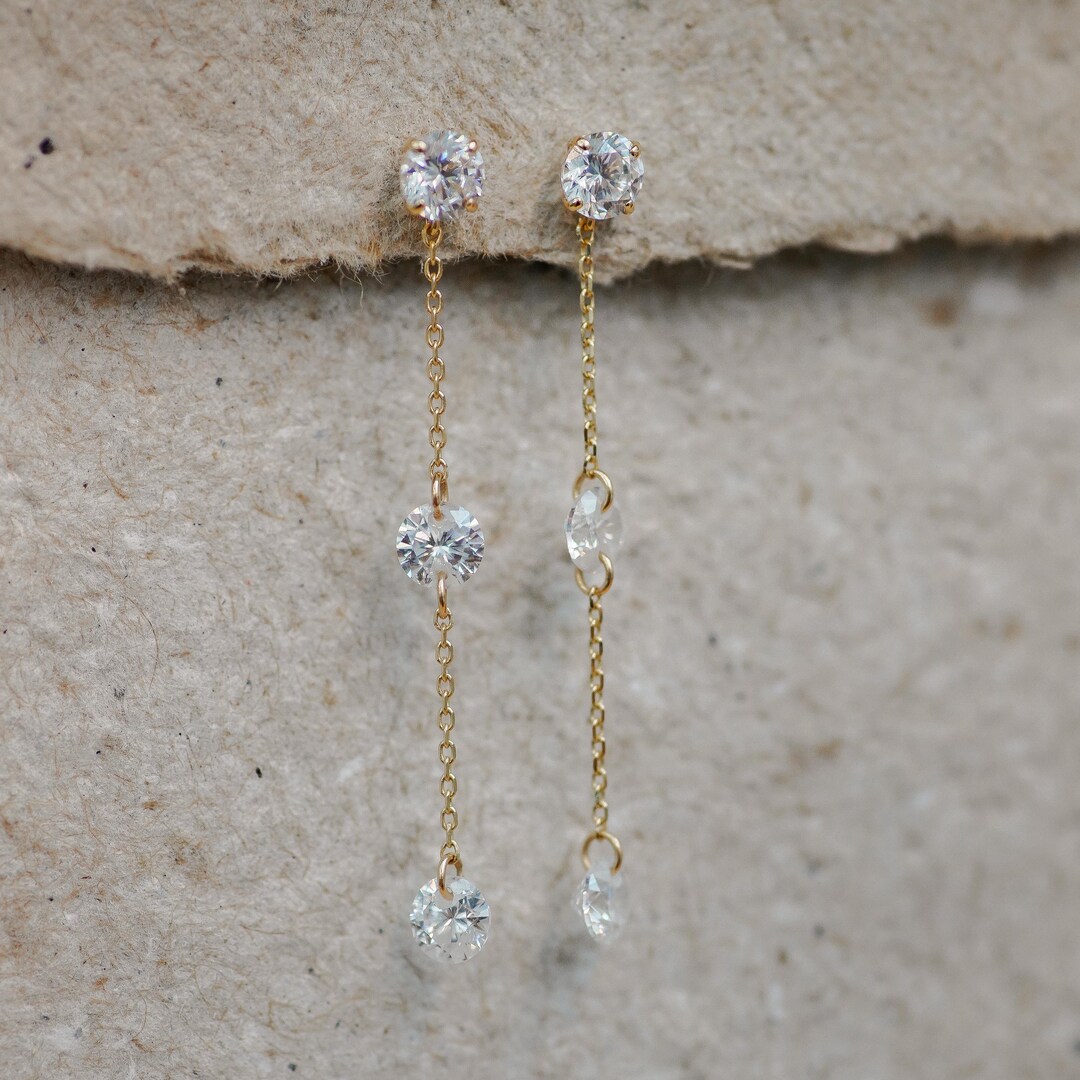 14K Solid Gold CZ Diamond Chain Threader Earrings, Fine Jewelry - Etsy