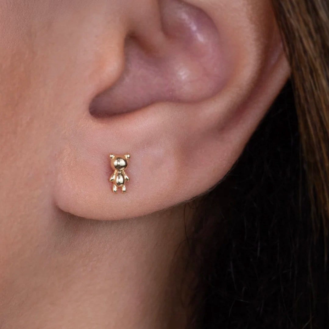 14K REAL Solid Gold Cute Teddy Bear Cartilage Daith Helix Tragus Bar Stick Ear Post Internal ...