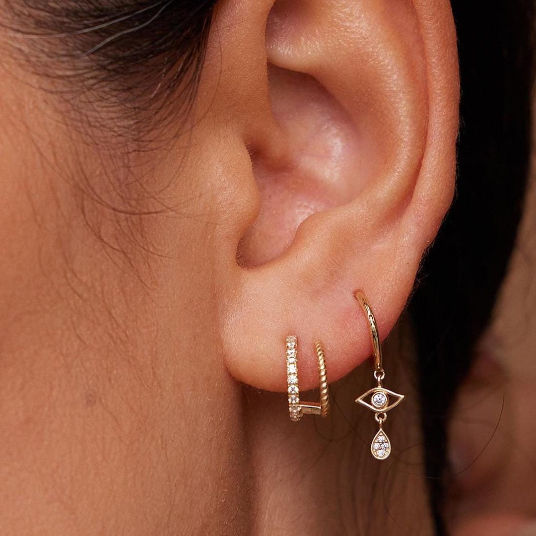 14K REAL Solid Gold Cubic Zirconia Double Hoop Stud Earrings for Upper ...