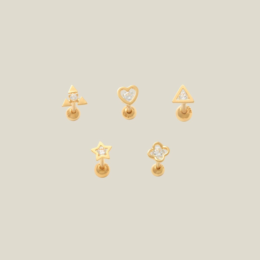14K REAL Solid Gold Mini Stacking Stud, Triforce, Heart, Triangle, Star ...