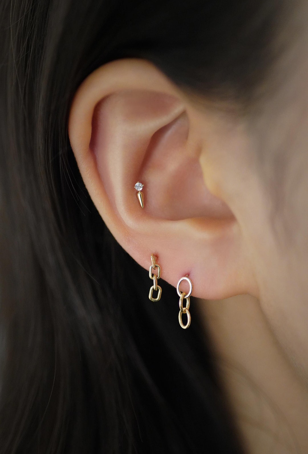 14K REAL Solid Gold CZ Round Spike Stud Earring, Stack Cartilage Helix ...