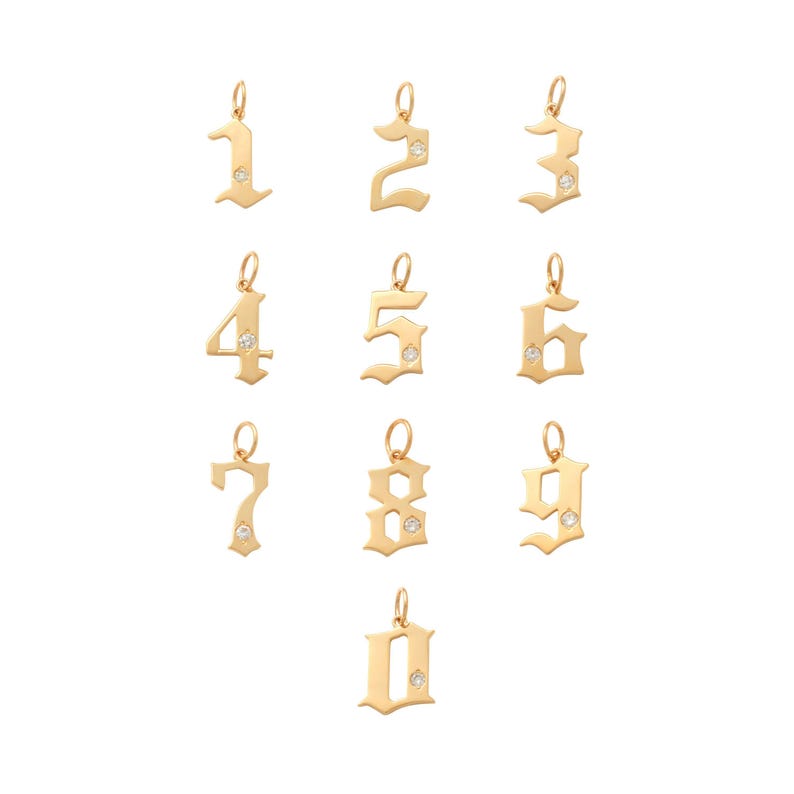 14K Solid Gold Diamond Number Pendant Charm, Gothic Style Old English ...