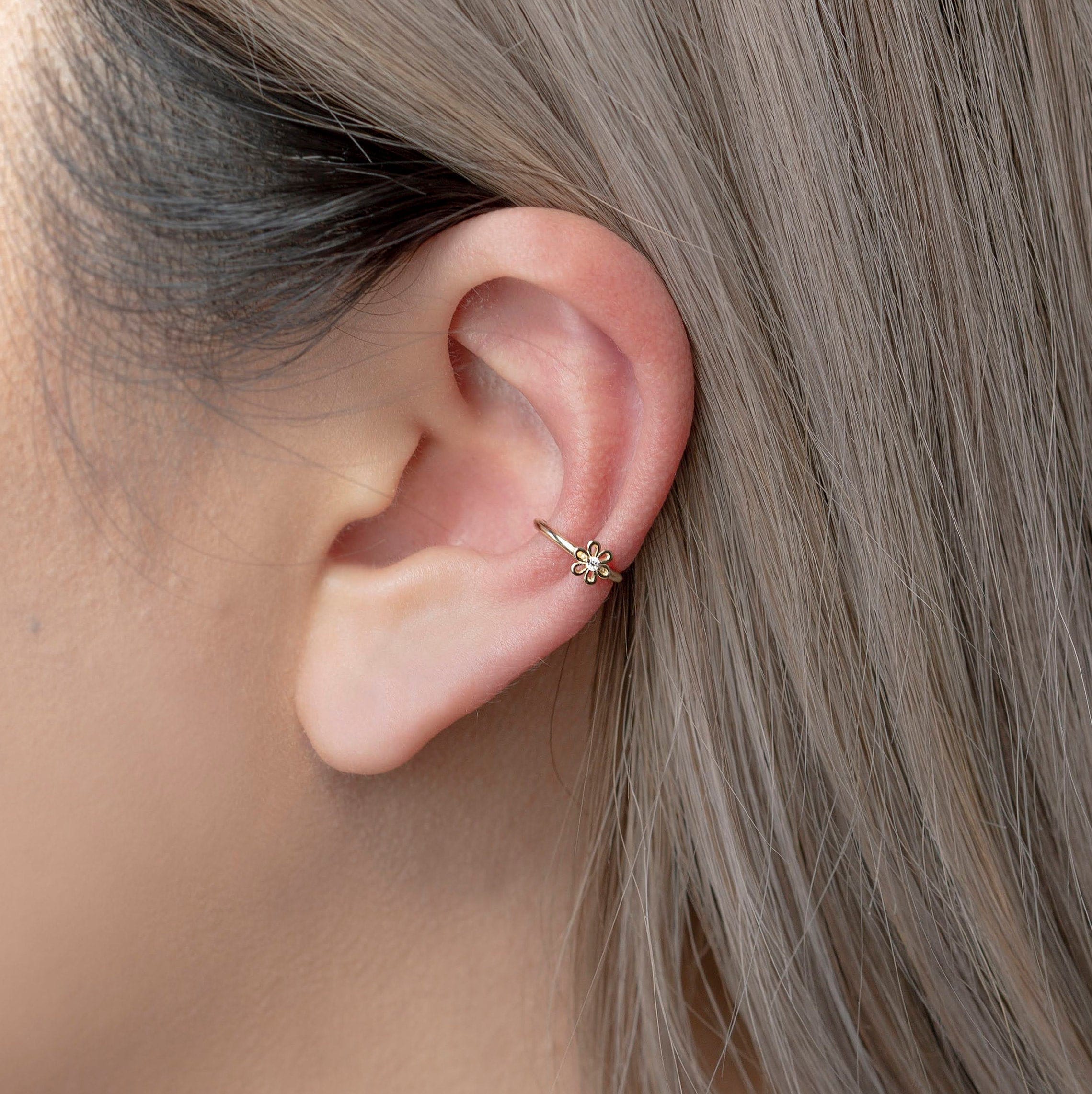 14K REAL Solid Gold Daisy Flower Diamond CZ Statement Ear Cuff | Etsy