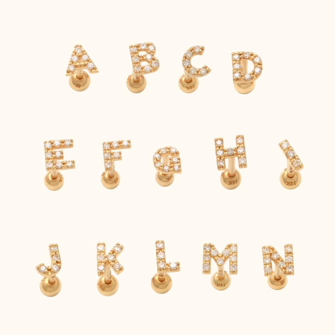 14K REAL Solid Gold Diamond Studded Initial Letter Piercing Lobe Tragus ...