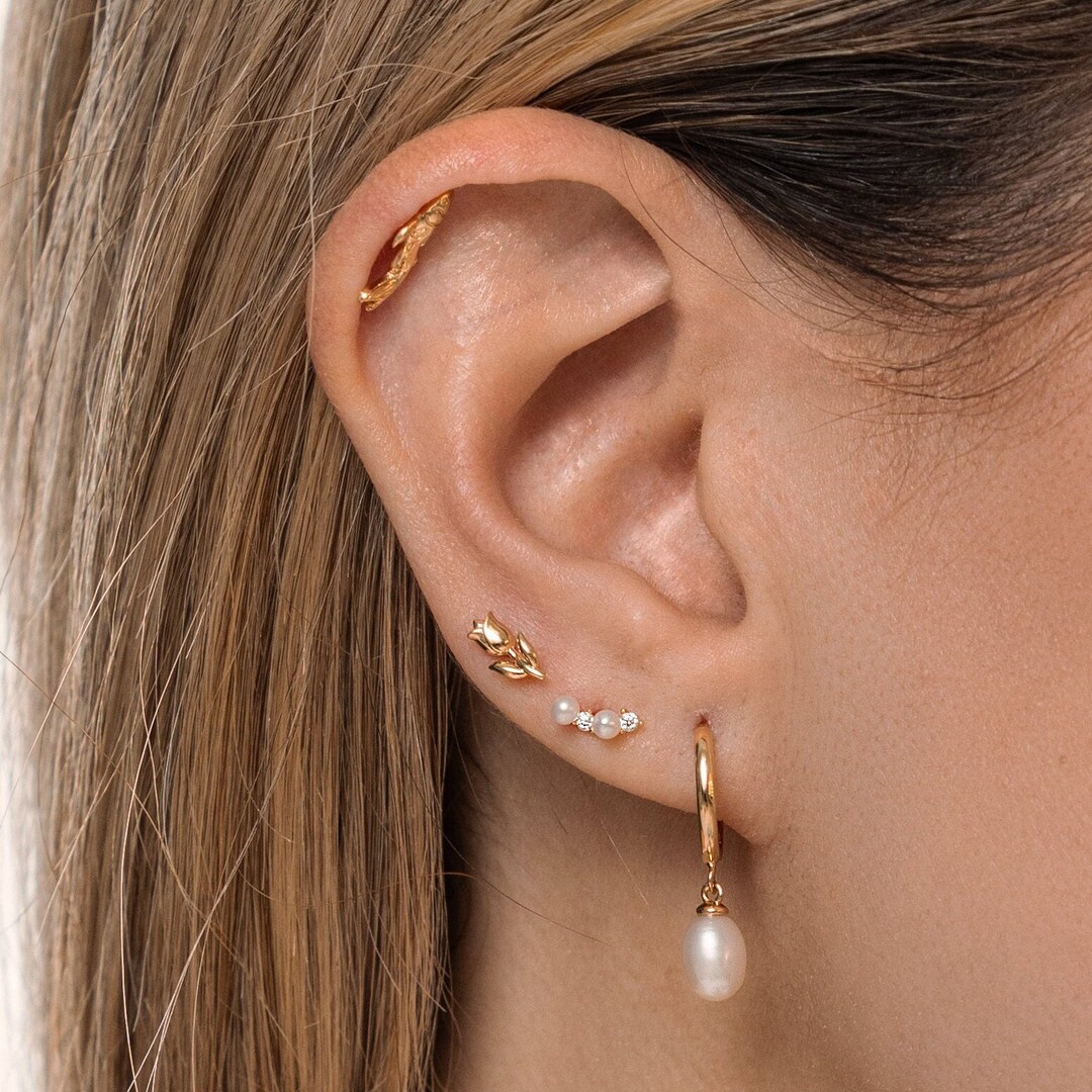 14K REAL Solid Gold Rose Tulip Flower Piercing Cartilage Daith Helix ...