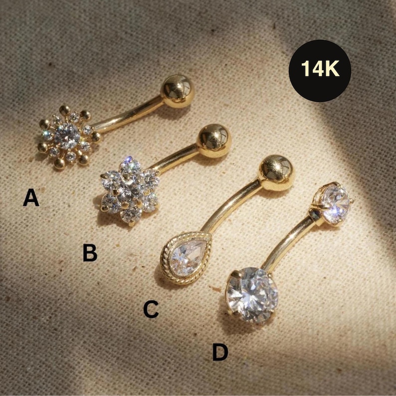 14K Solid Gold Navel Curved Barbell, "teardrop, Flower, Snowflake ...
