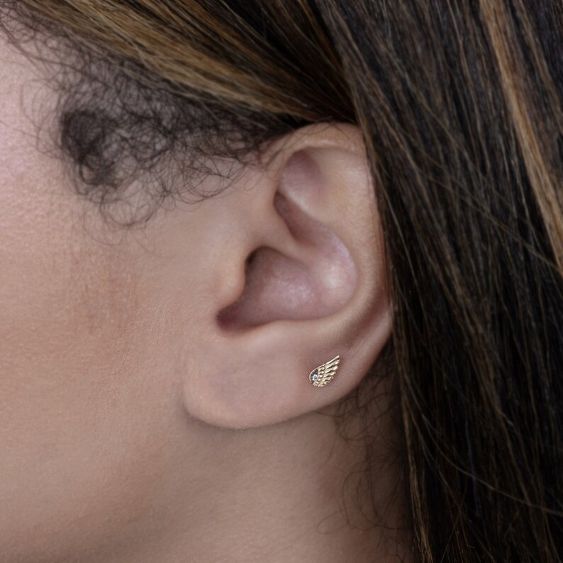 14K REAL Solid Gold Tiny Guardian Angel Wing CZ Screw-back - Etsy