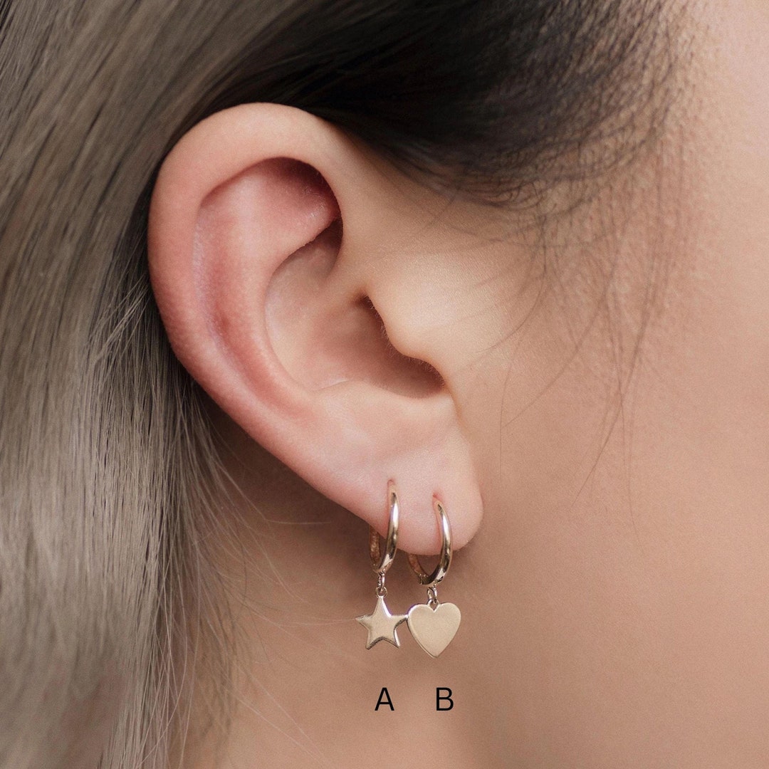 14K REAL Solid Gold Glossy Star Heart Huggie Hoop Earring Cartilage Upper Earlobe Heart Dangle ...