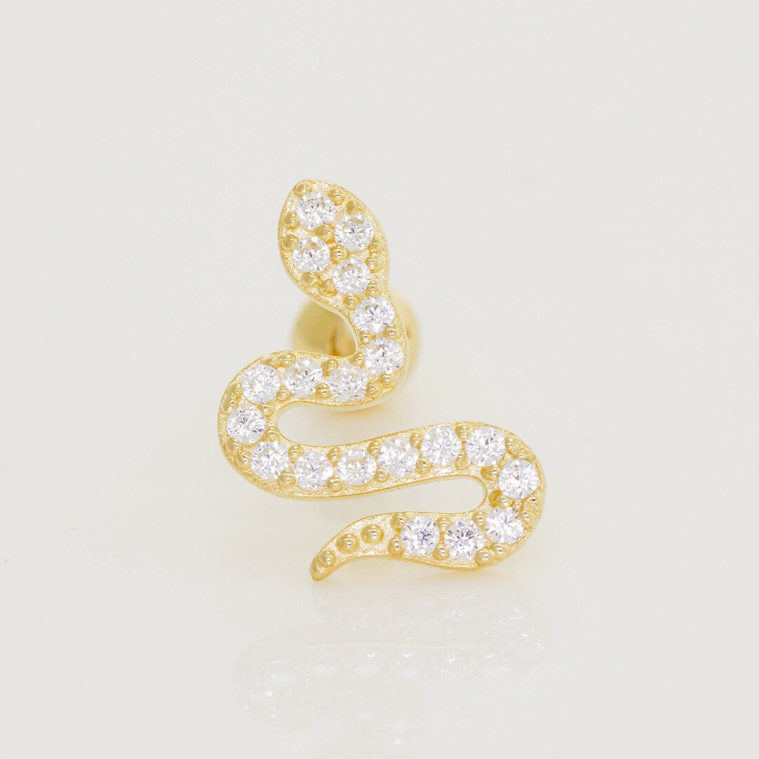 14K REAL Solid Gold Cubic Zirconia Snake Ear Piercing, Cartilage Daith ...